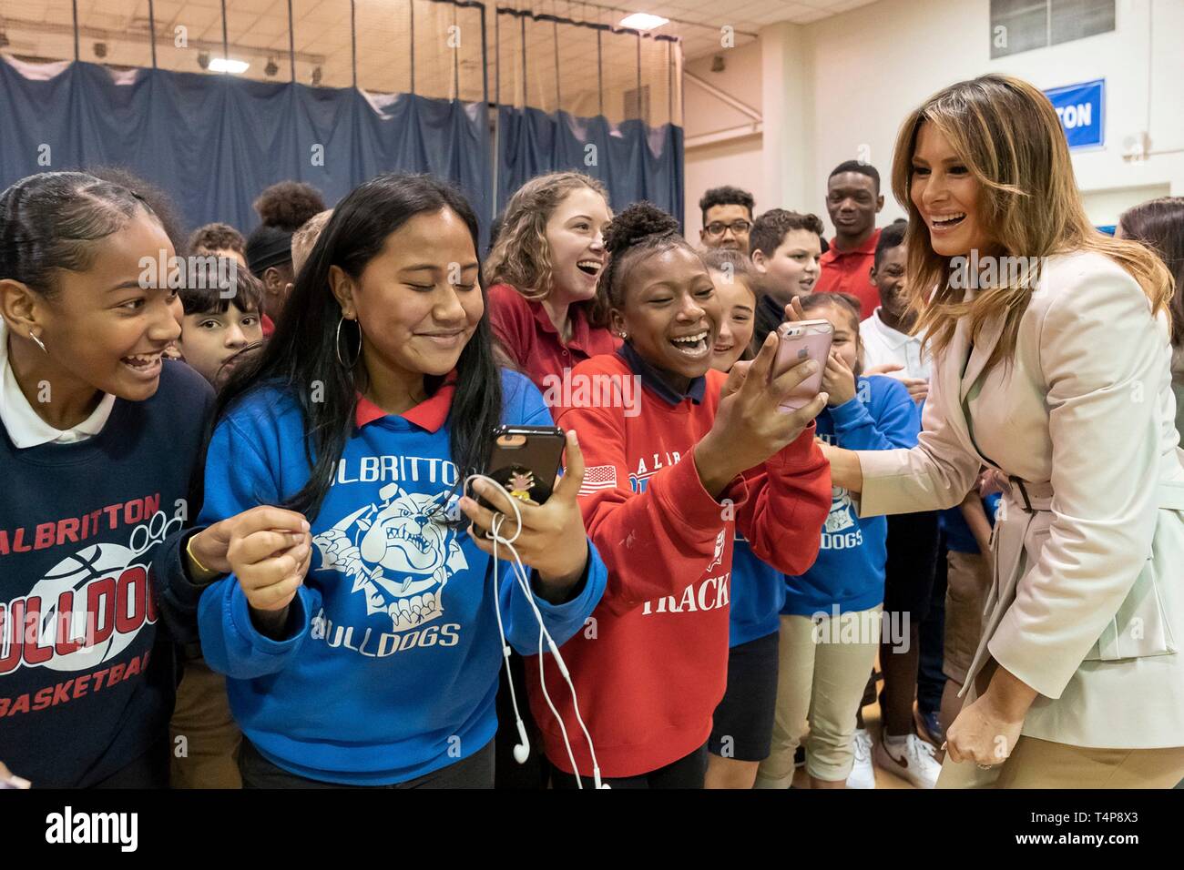 U.S First Lady Melania Trump, takes a selfie with students at Albritton ...