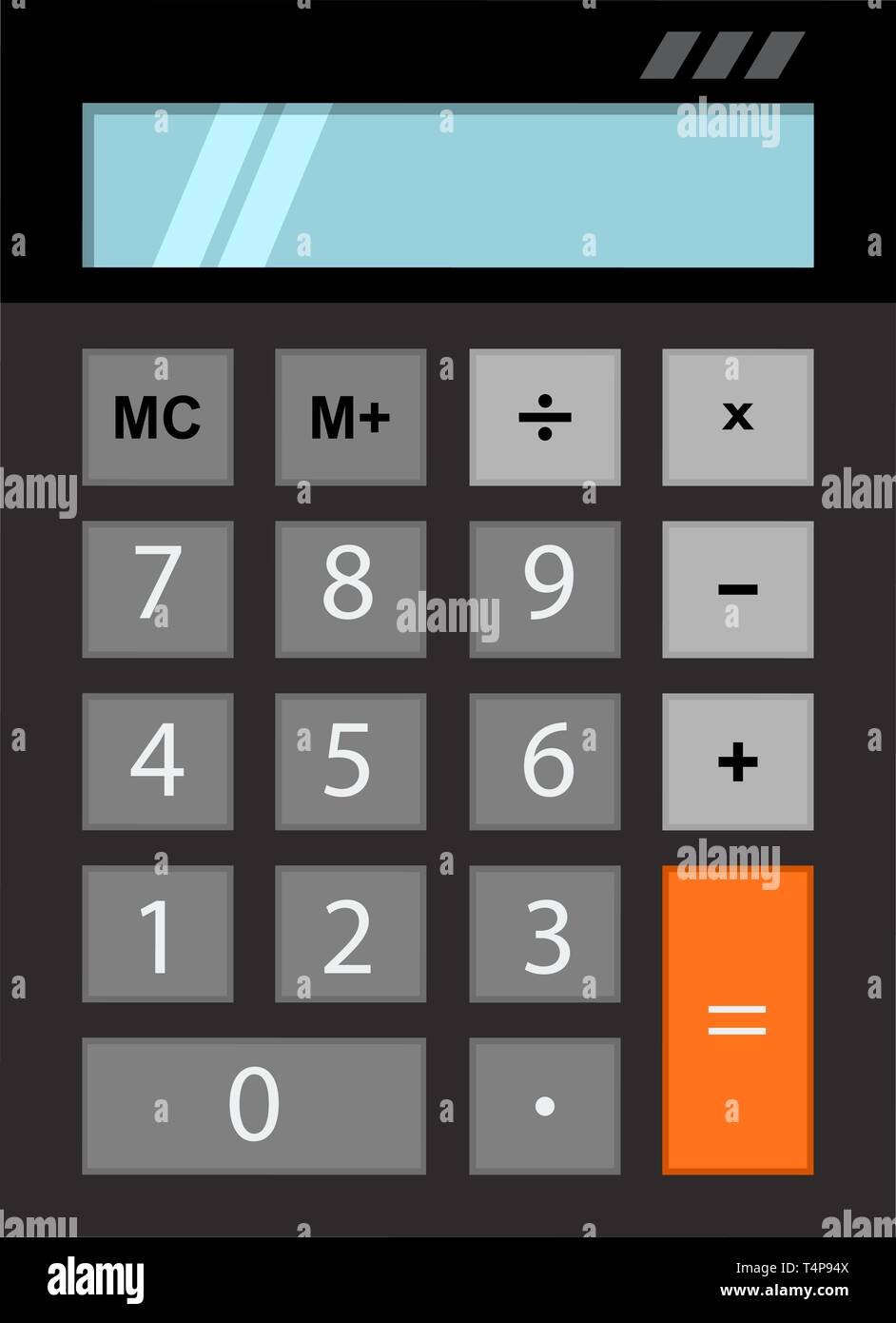 Calculator top view, with empty light blue screen. Vector illustration ...