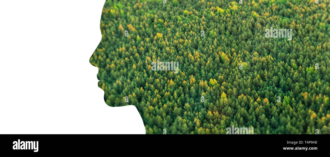 beauty, nature and ecology concept - woman profile of green forest over ...