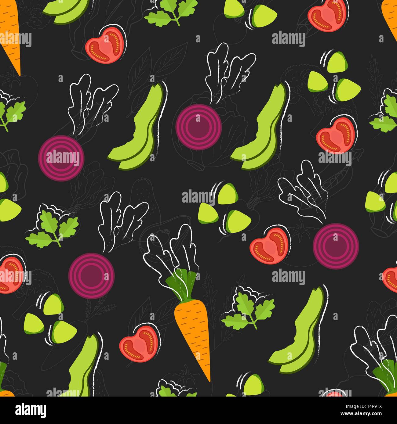 Seamless food pattern. Flat food on chalk board. Chalkboard pattern ...