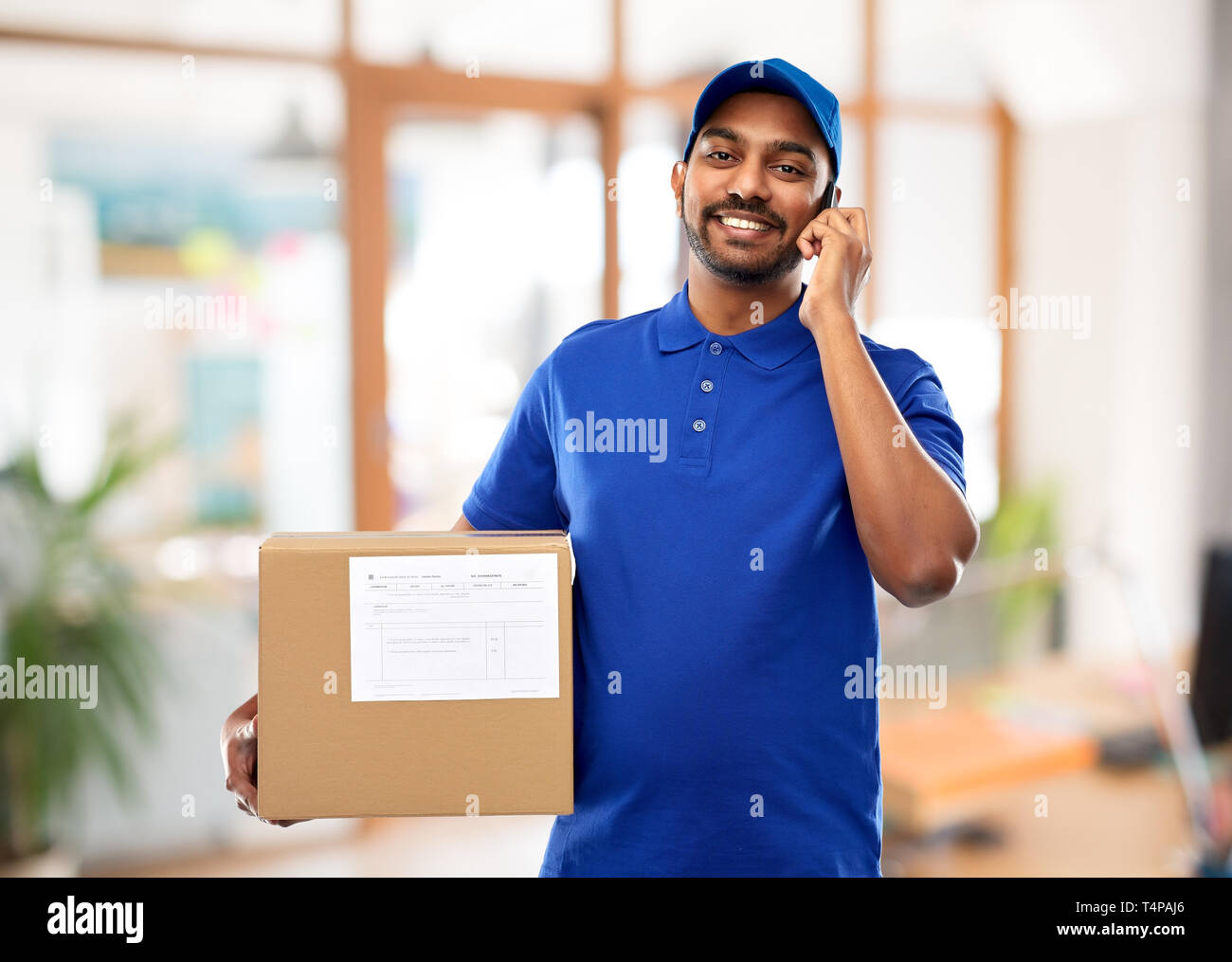 mail service, communication and shipment concept - happy indian ...