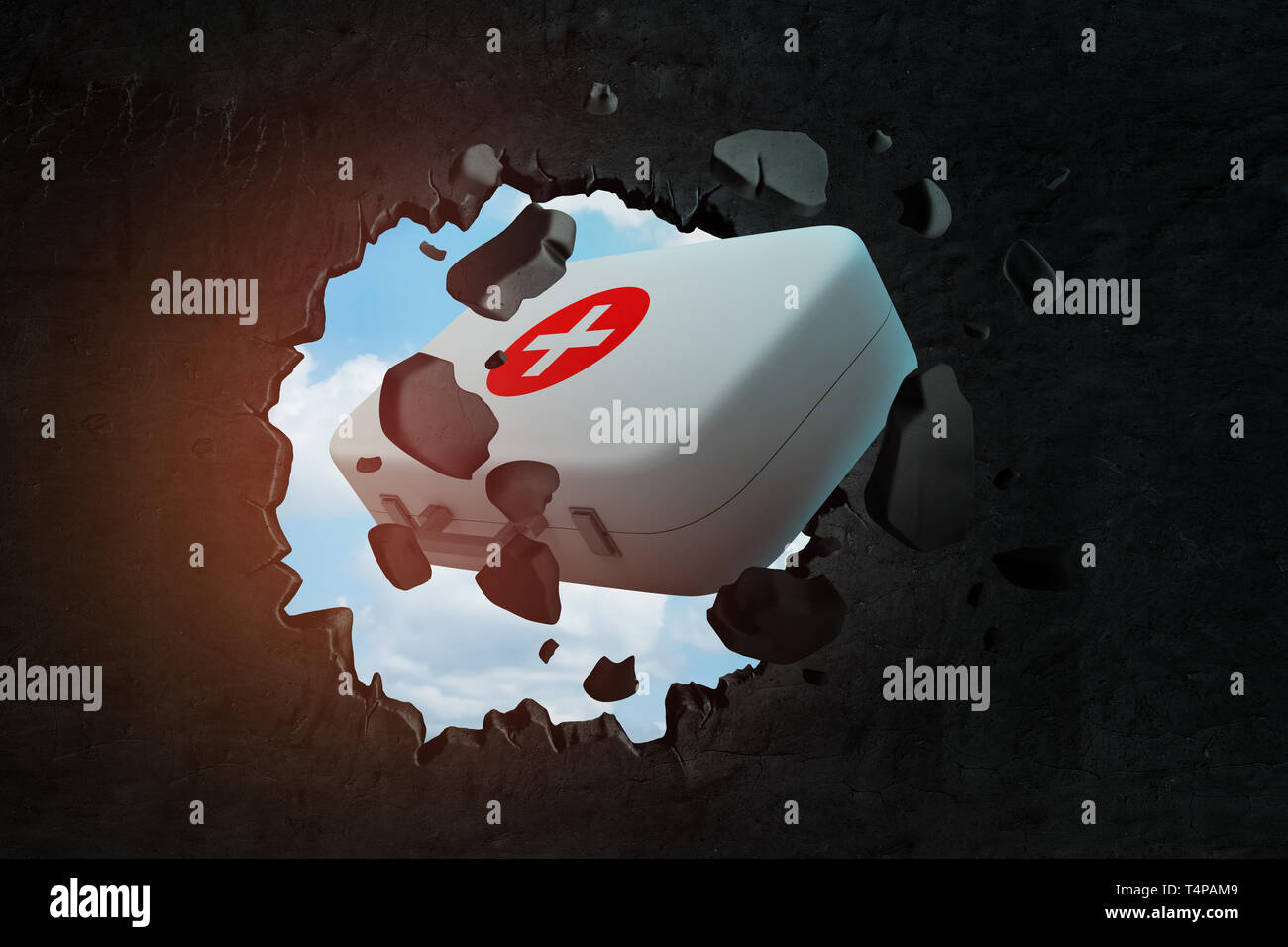 3d rendering of first aid medical box breaking black wall with blue sky ...