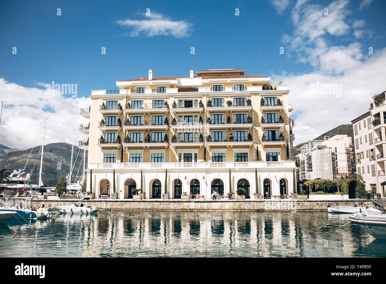 Beautiful view of the architecture, the sea and the yacht in Tivat in ...