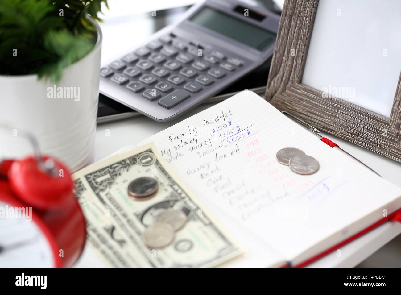 Notepad with handwritten calculations of family budget Stock Photo - Alamy