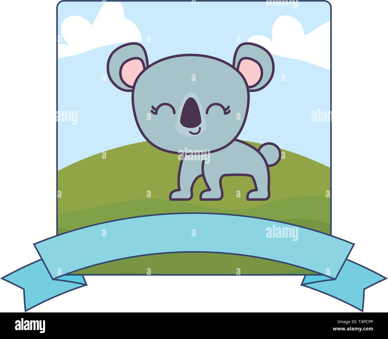 cute koala in landscape with frame and ribbon vector illustration ...