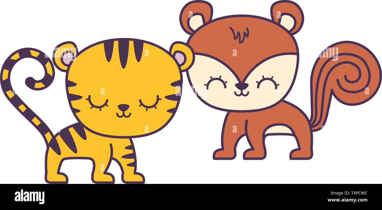 cute tiger with chipmunk animals isolated icon vector illustration ...