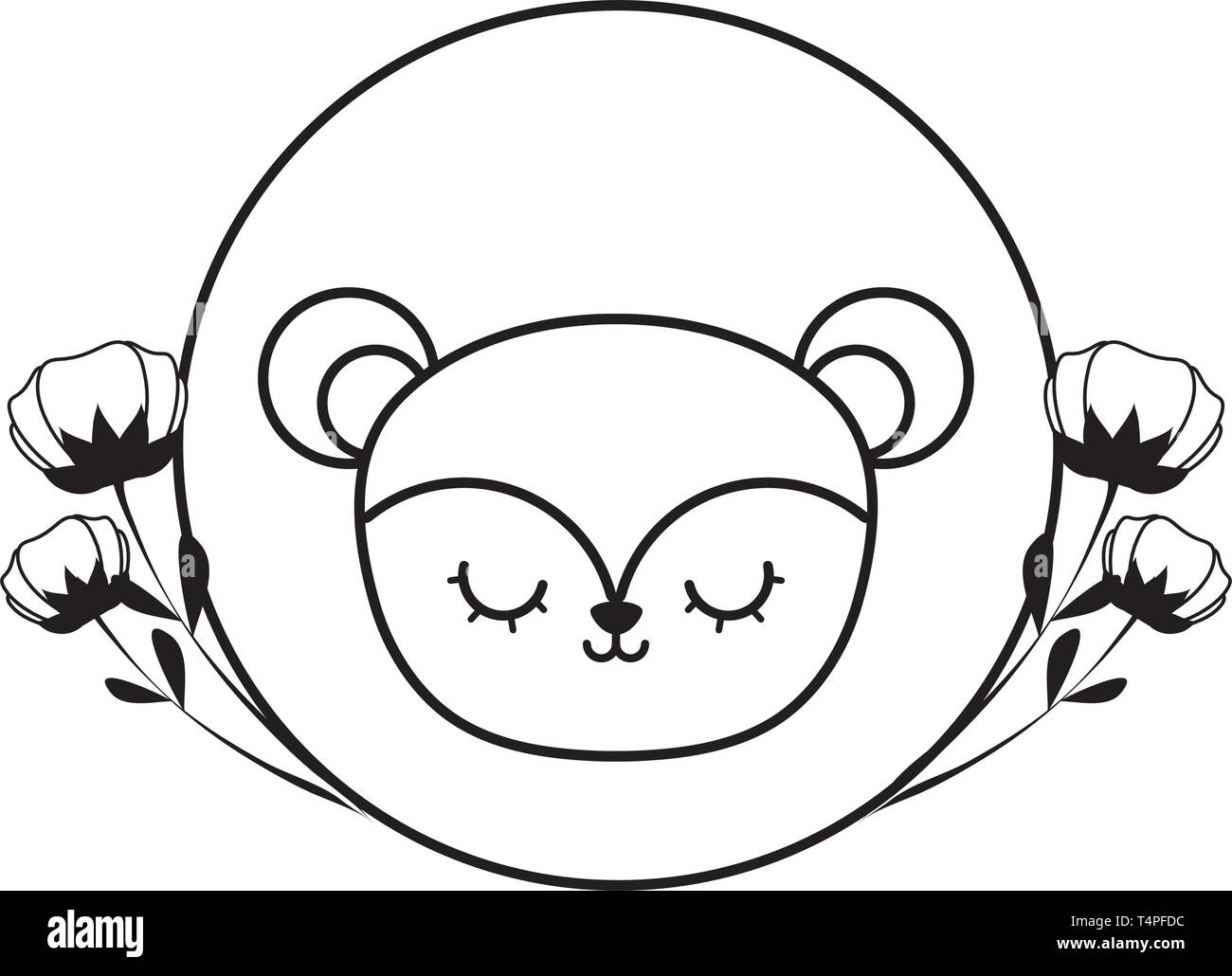 head of cute monkey in frame circular with flowers vector illustration ...
