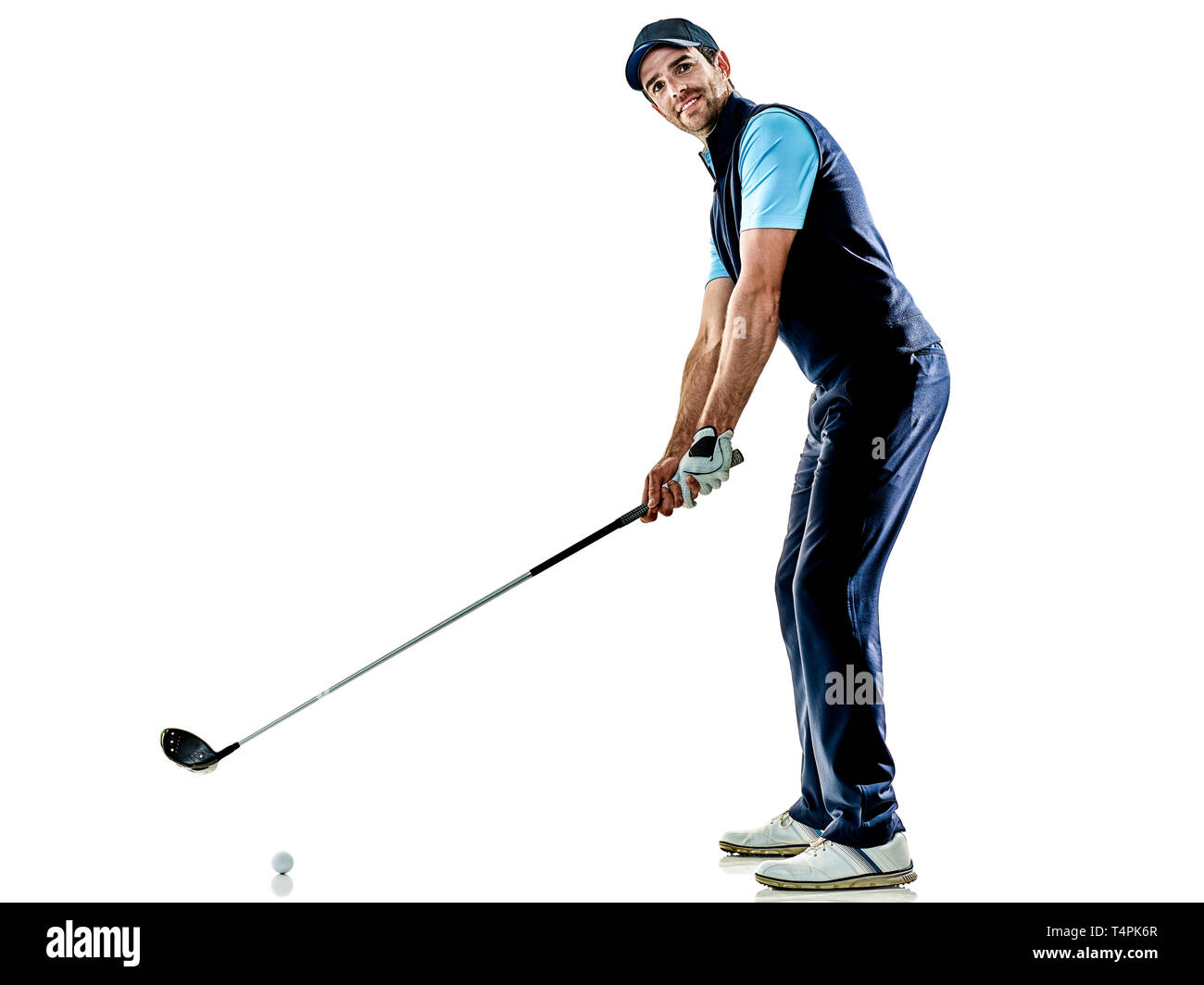 one caucasian man golfer golfing in studio isolated on white background ...