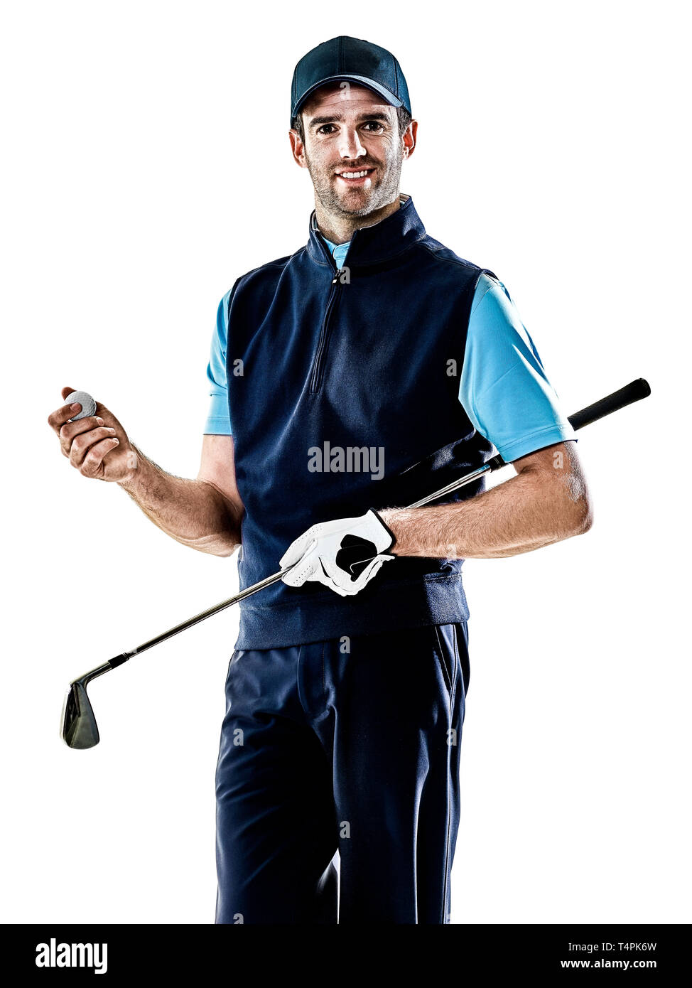 one caucasian man golfer golfing in studio isolated on white background ...