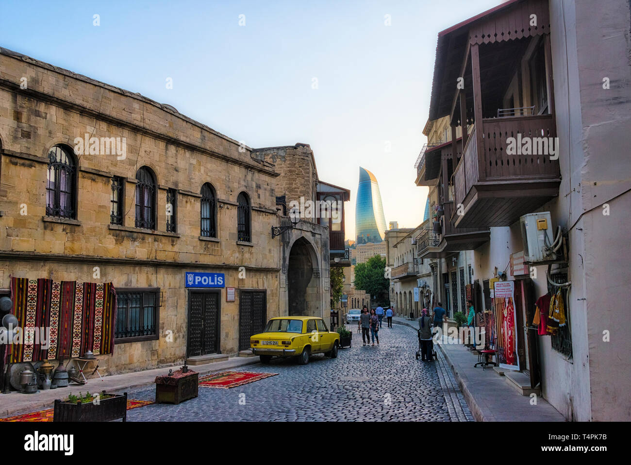 Old houses in the Inner City of Baku, Flame Towers in the distance ...