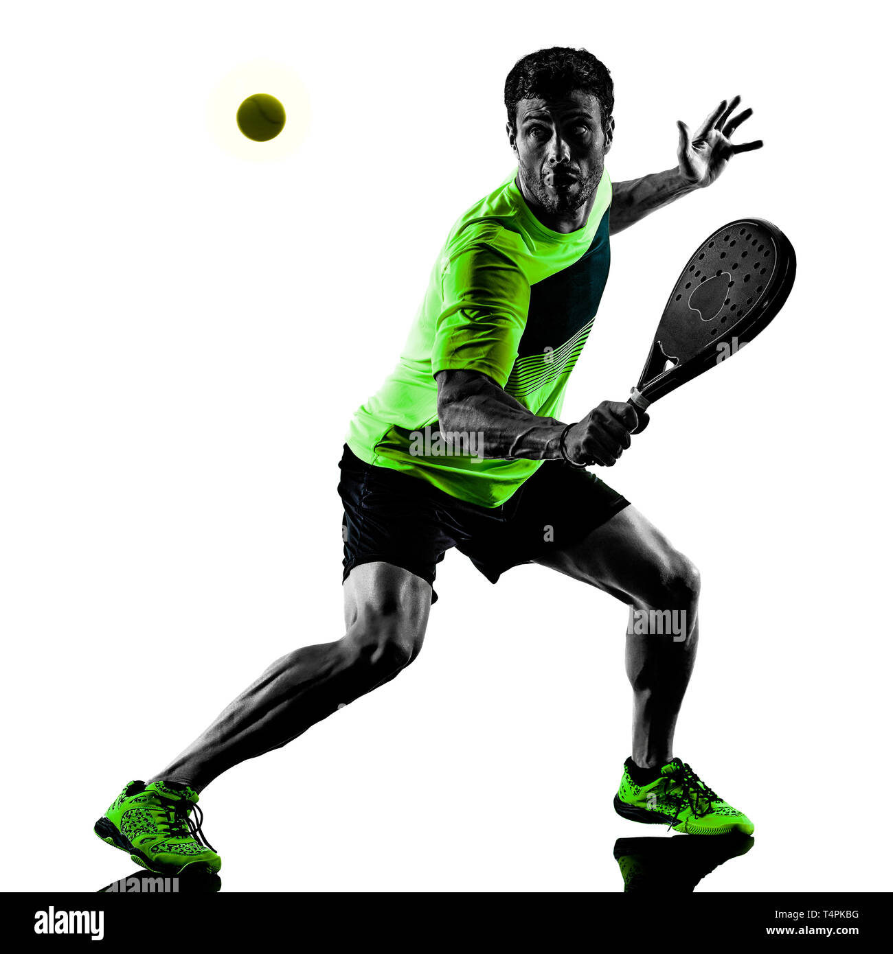 one caucasian man playing Paddle tennis player isolated on white ...