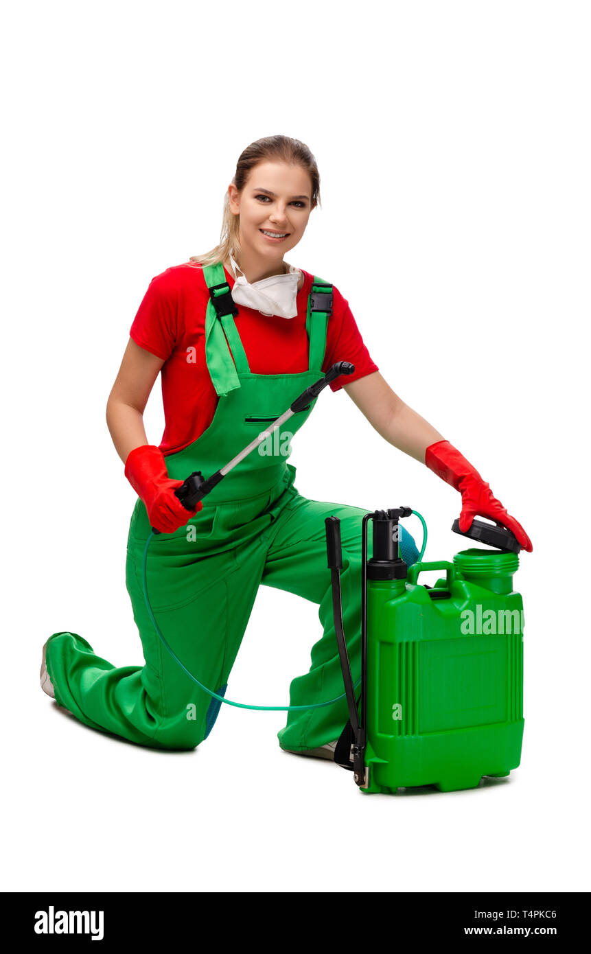Female pest control contractor isolated on white Stock Photo - Alamy