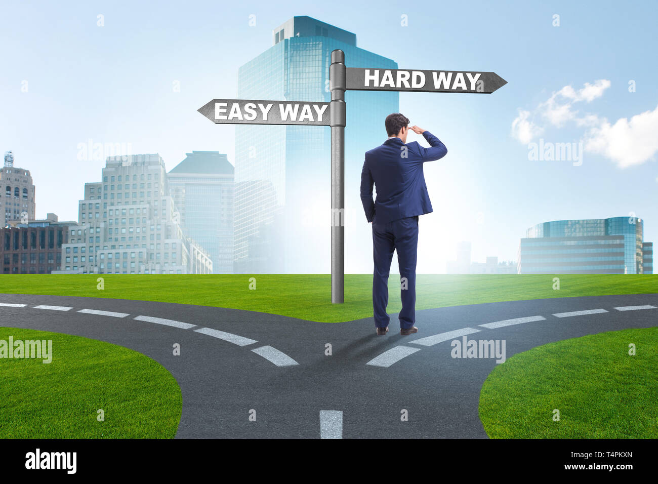 Businessman choosing between hard and easy way Stock Photo - Alamy Businessman choosing between hard and easy way Stock Photo - Alamy
