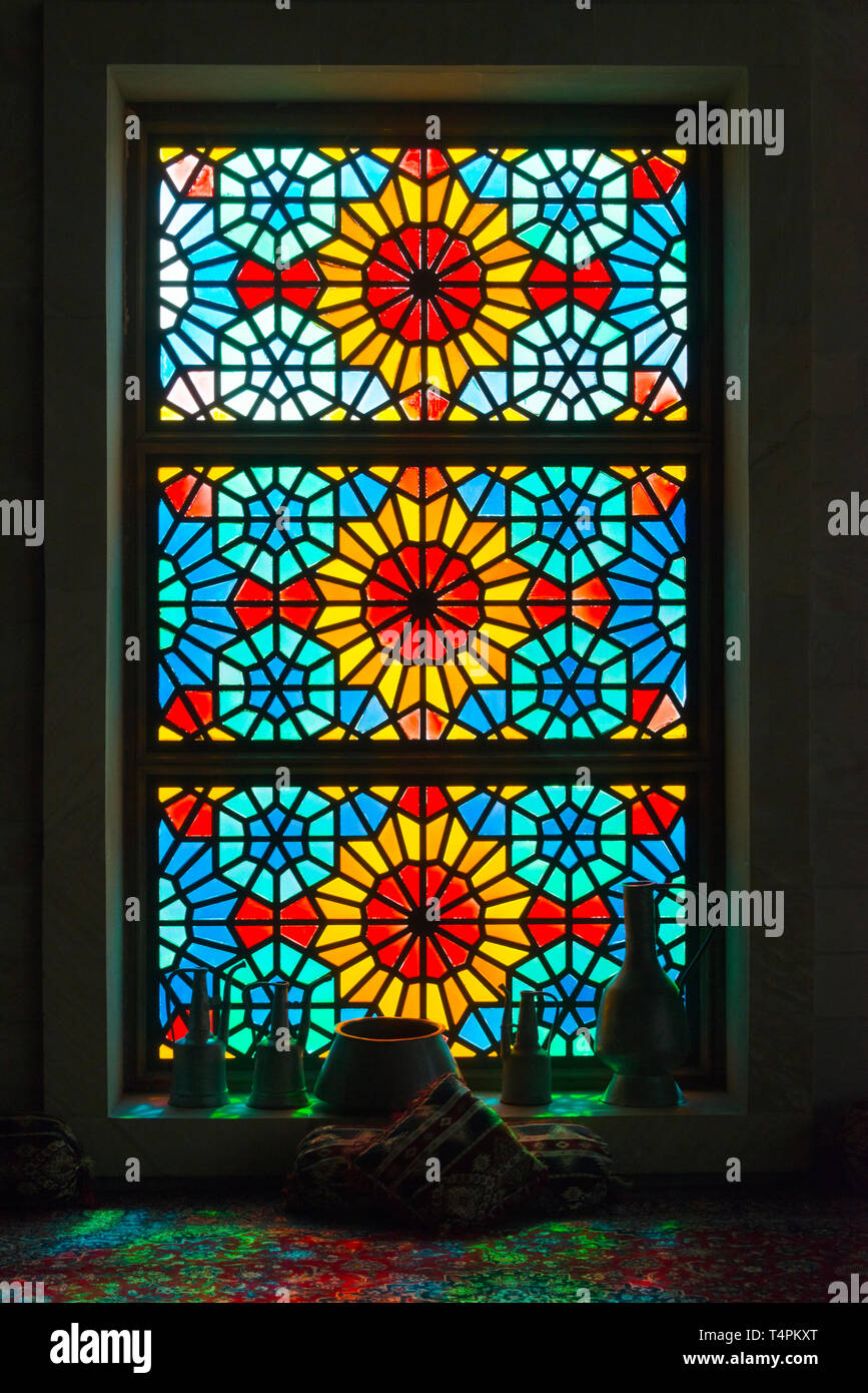Stained glass in Baku Ateshgah (Fire temple of Baku), Surakhani ...