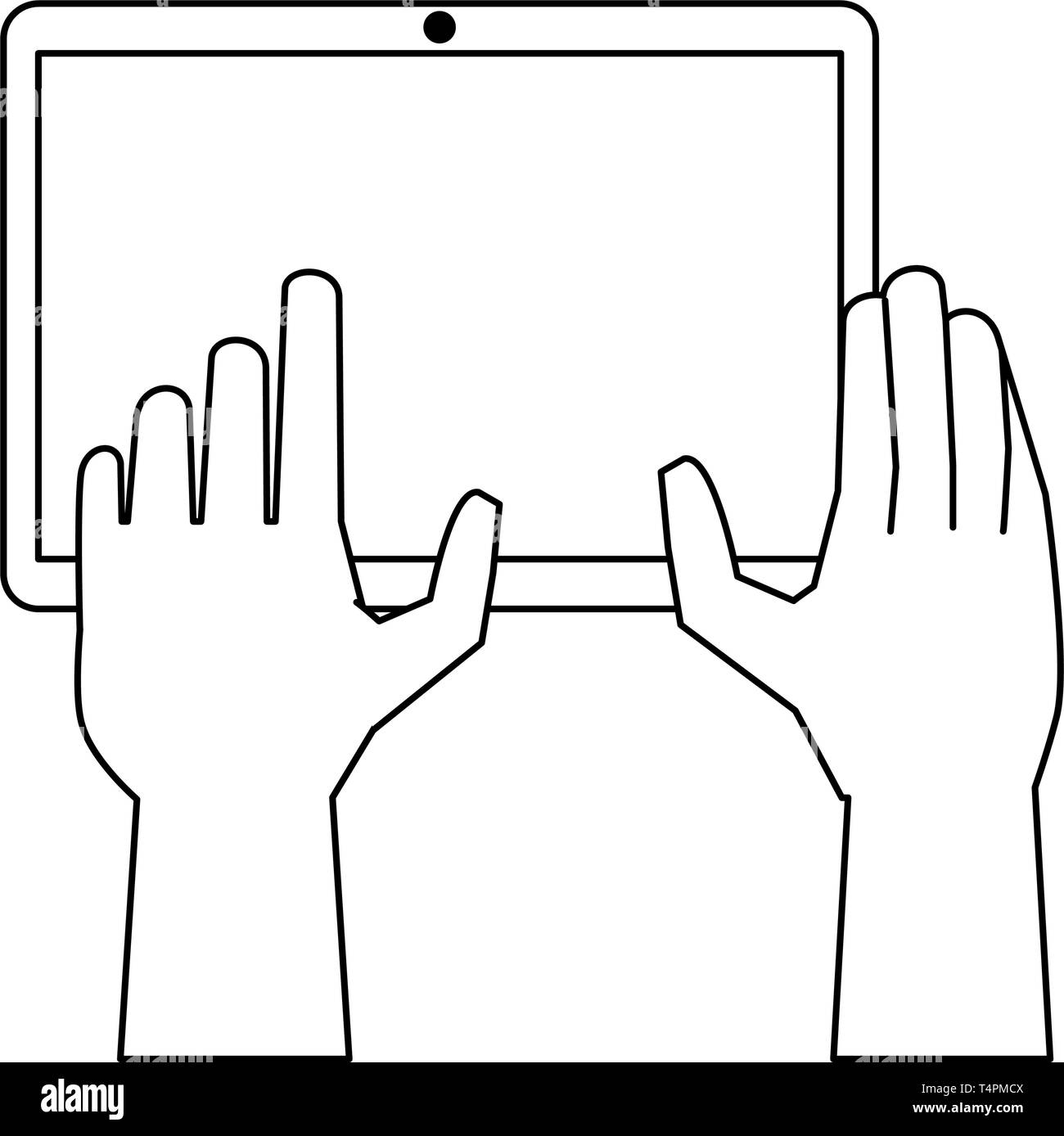 hands using tablet cartoon in black and white Stock Vector Image & Art ...