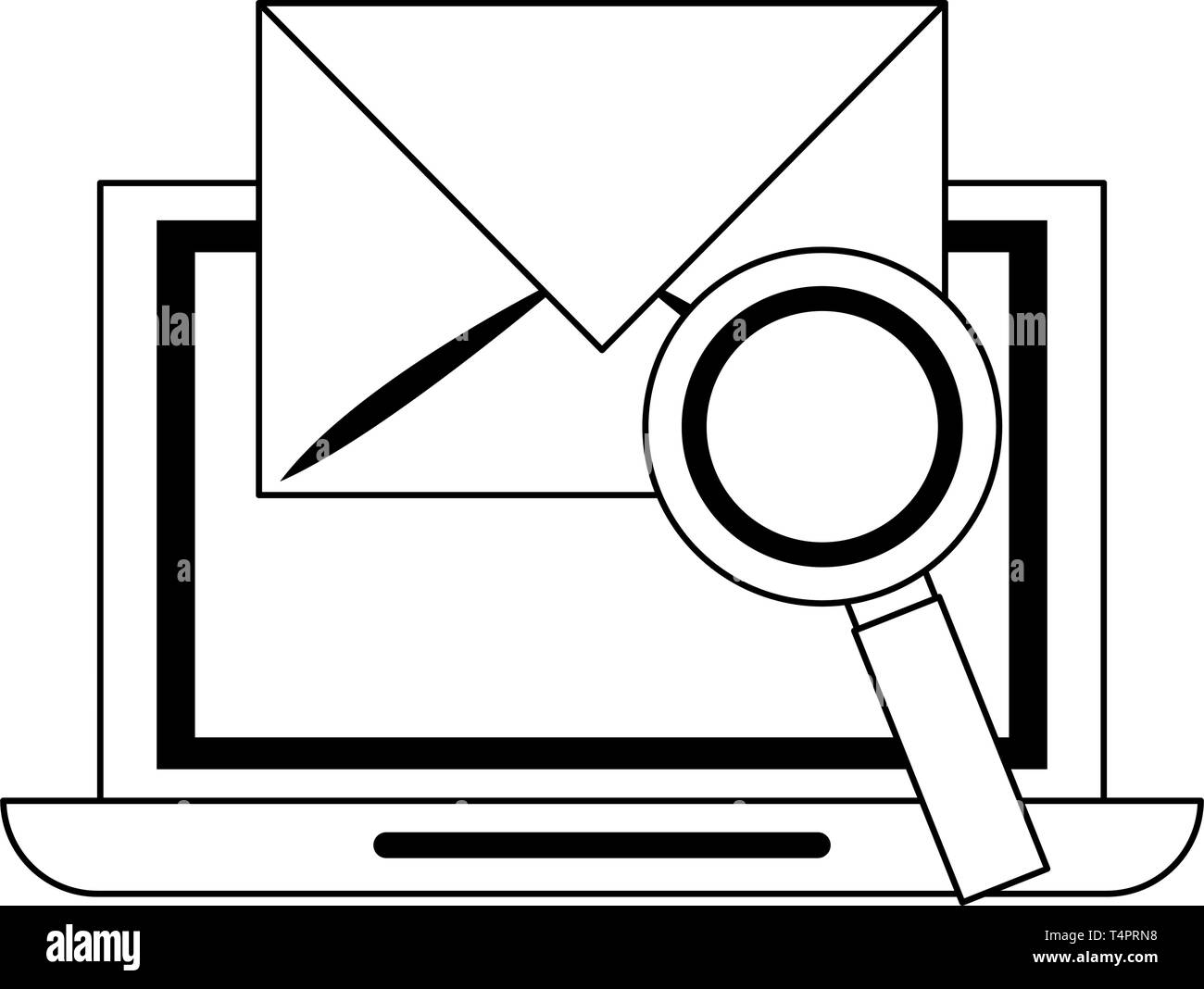 Laptop email and magnifying glass in black and white Stock Vector Image ...