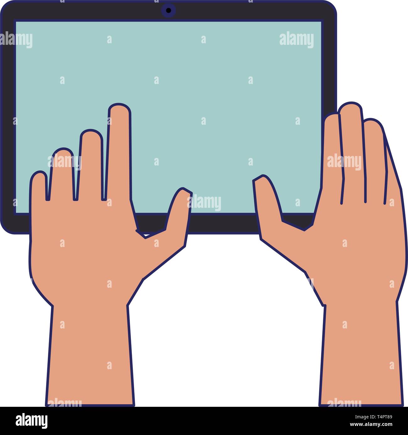 hands using tablet cartoon blue lines Stock Vector Image & Art - Alamy