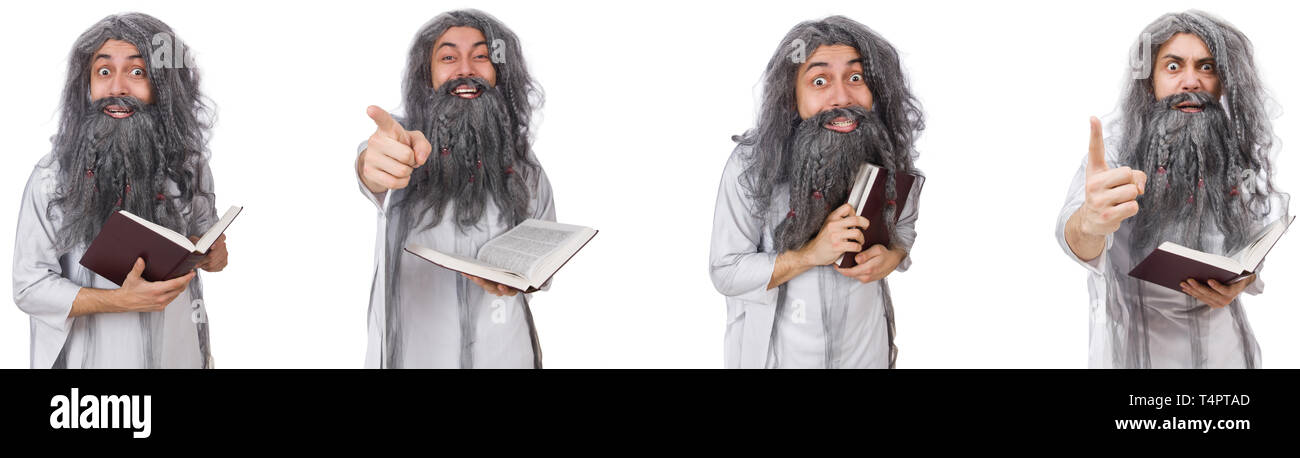 Funny old wizard with book Stock Photo - Alamy