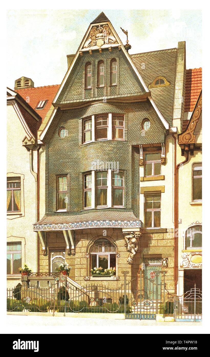 Residential House at Stuttgart, Germany - vintage engraved illustration ...