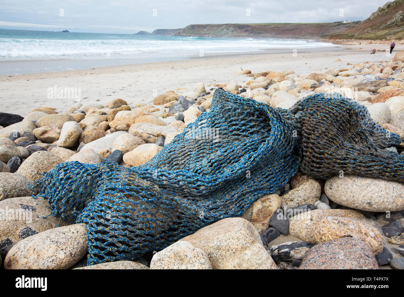 Fishing nets washed up no the beach at Sennen, Cornwall, UK Stock Photo ...