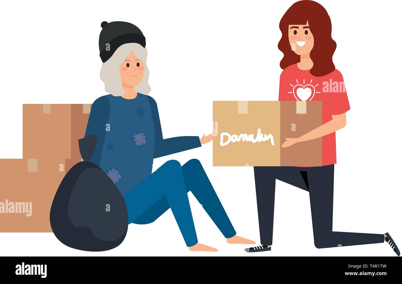 woman volunteer giving a homeless woman donations box Stock Vector ...