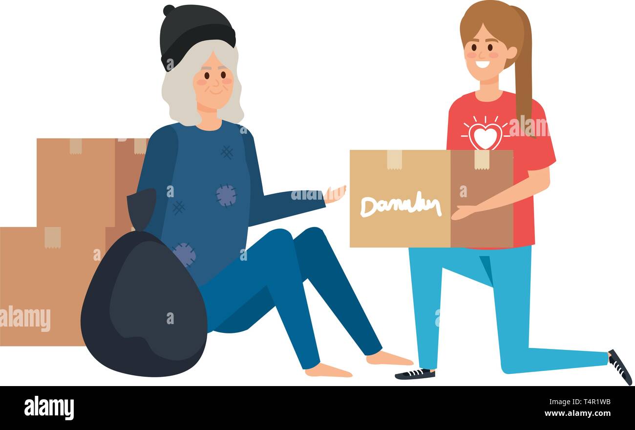 woman volunteer giving a homeless woman donations box Stock Vector ...