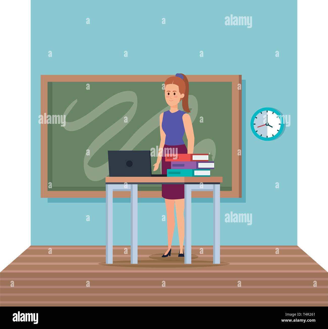 teacher female in desk with laptop and books classroom scene Stock ...
