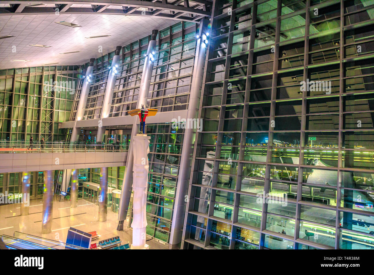Doha, Qatar - February 24, 2019: interior windows of lobby of Hamad ...