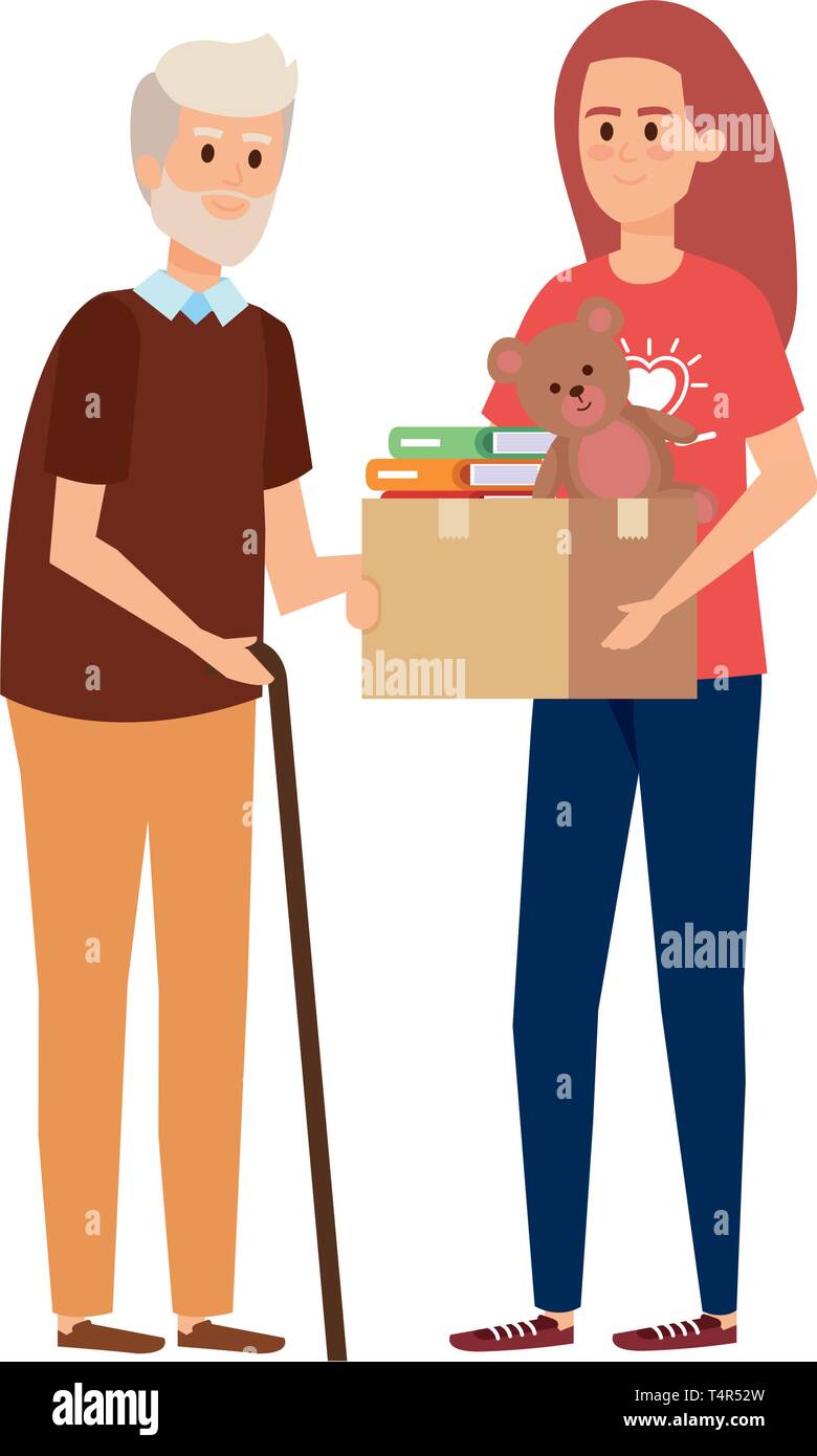woman volunteer giving a old man donations box Stock Vector Image & Art ...