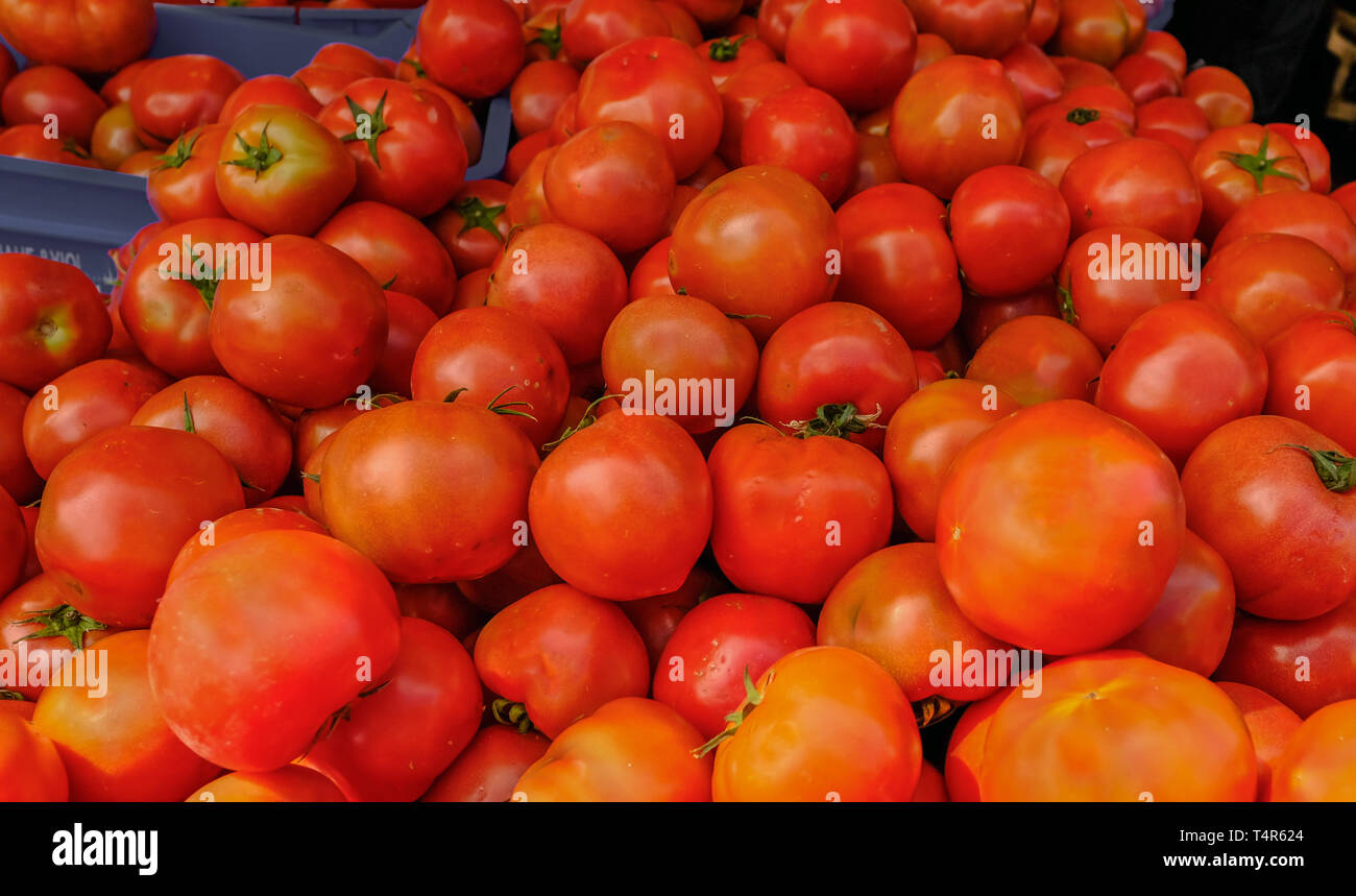 Large selection of large red tomatoes at a market stall Stock Photo - Alamy