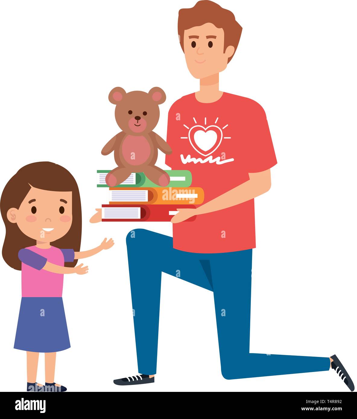 man volunteer giving a girl books and bear teddy Stock Vector Image ...