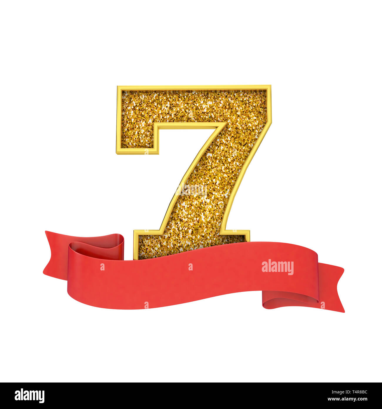 Number 7 gold glitter celebration with a red scroll banner. 3D Render ...
