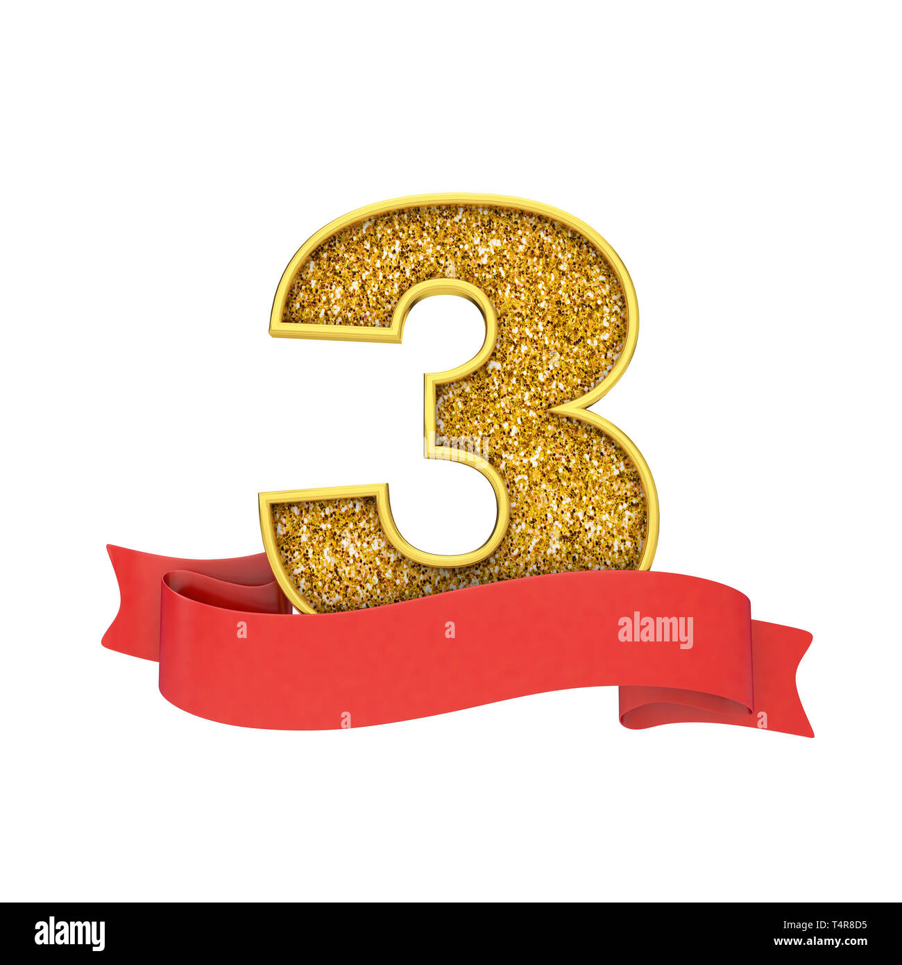 Number 3 gold glitter celebration with a red scroll banner. 3D Render ...