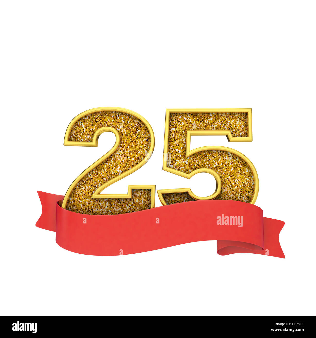 Number 25 gold glitter celebration with a red scroll banner. 3D Render ...