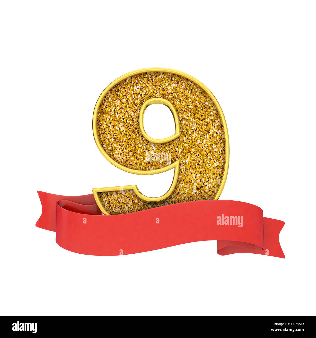 Number 9 gold glitter celebration with a red scroll banner. 3D Render ...