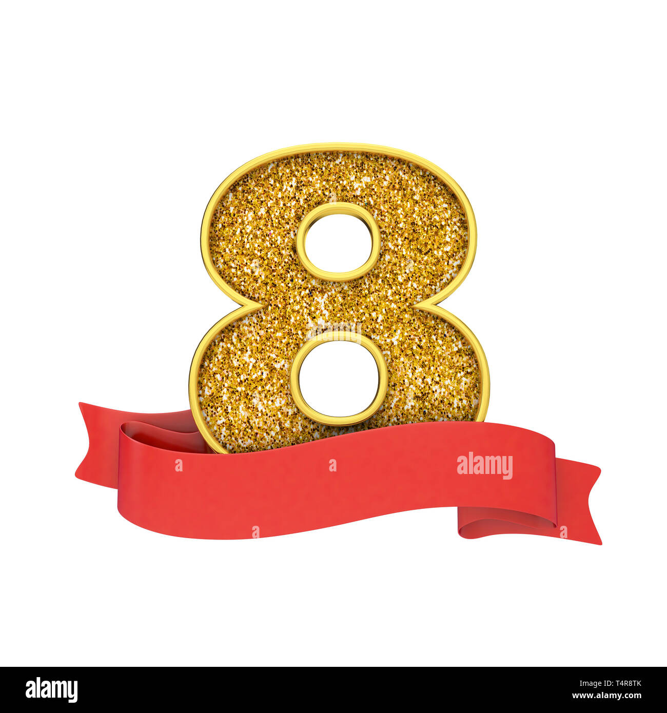 Number 8 gold glitter celebration with a red scroll banner. 3D Render ...