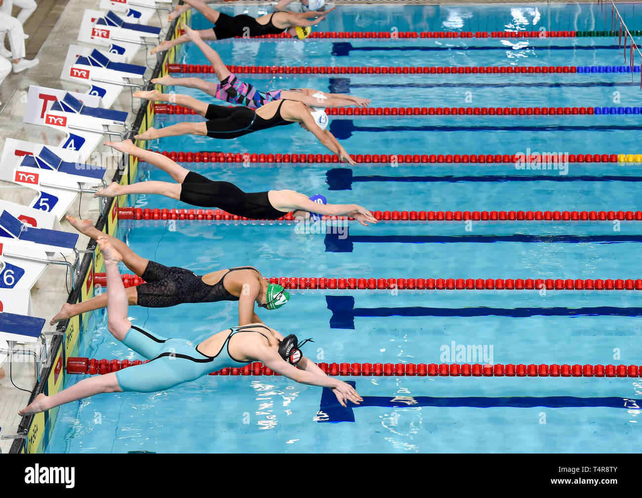 Swimmers dive into the water in heat 6 of the Women's 50m Freestyle ...