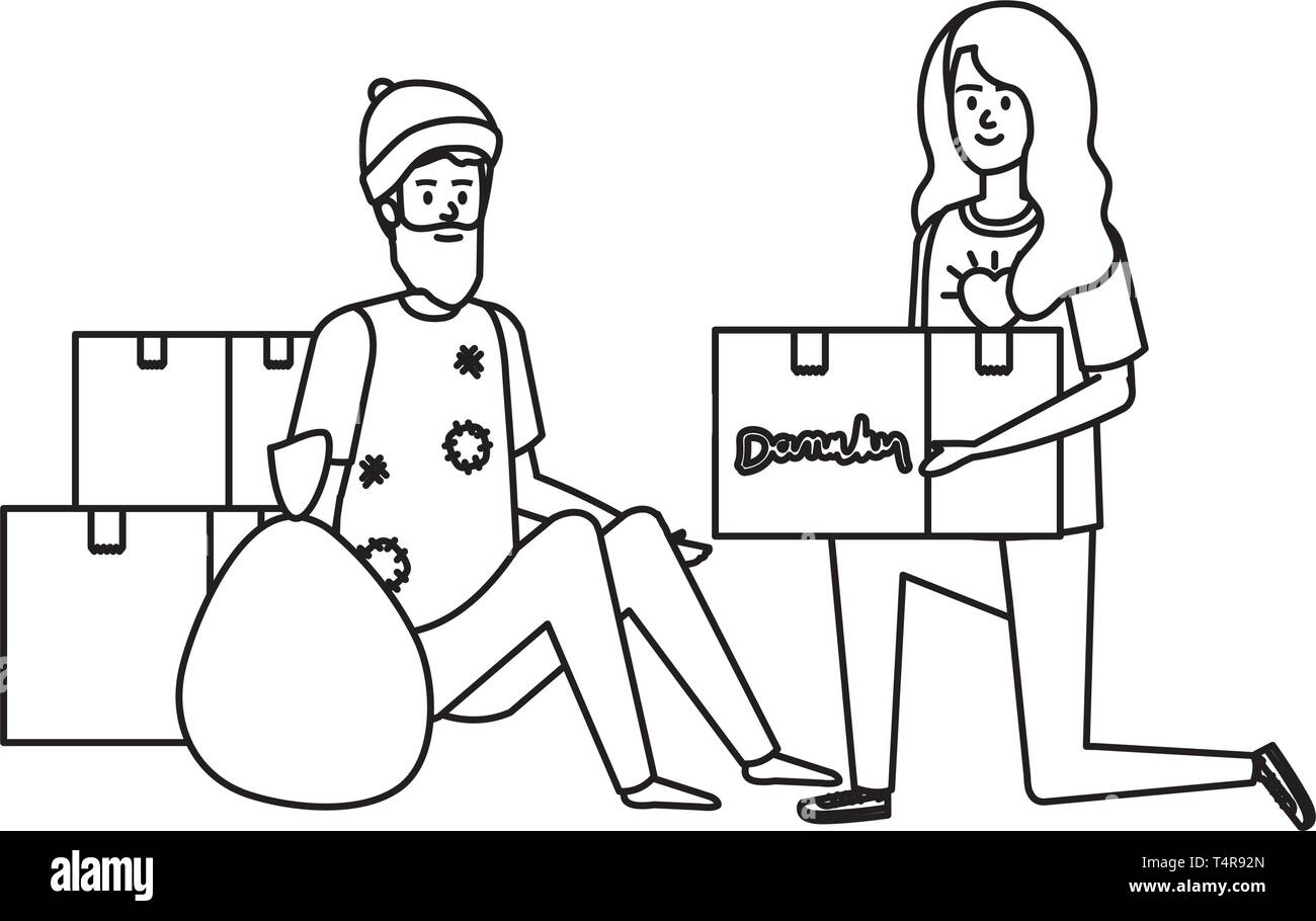 woman volunteer giving a homeless man donations box Stock Vector Image ...