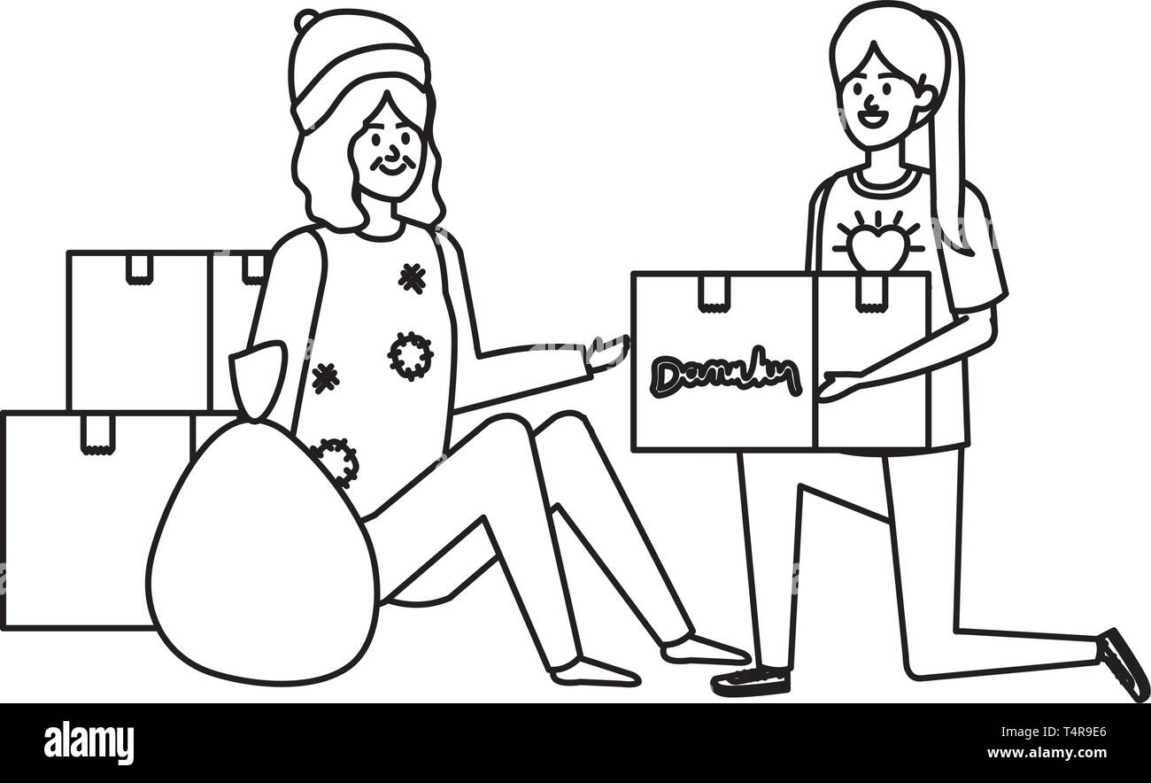 woman volunteer giving a homeless woman donations box Stock Vector ...