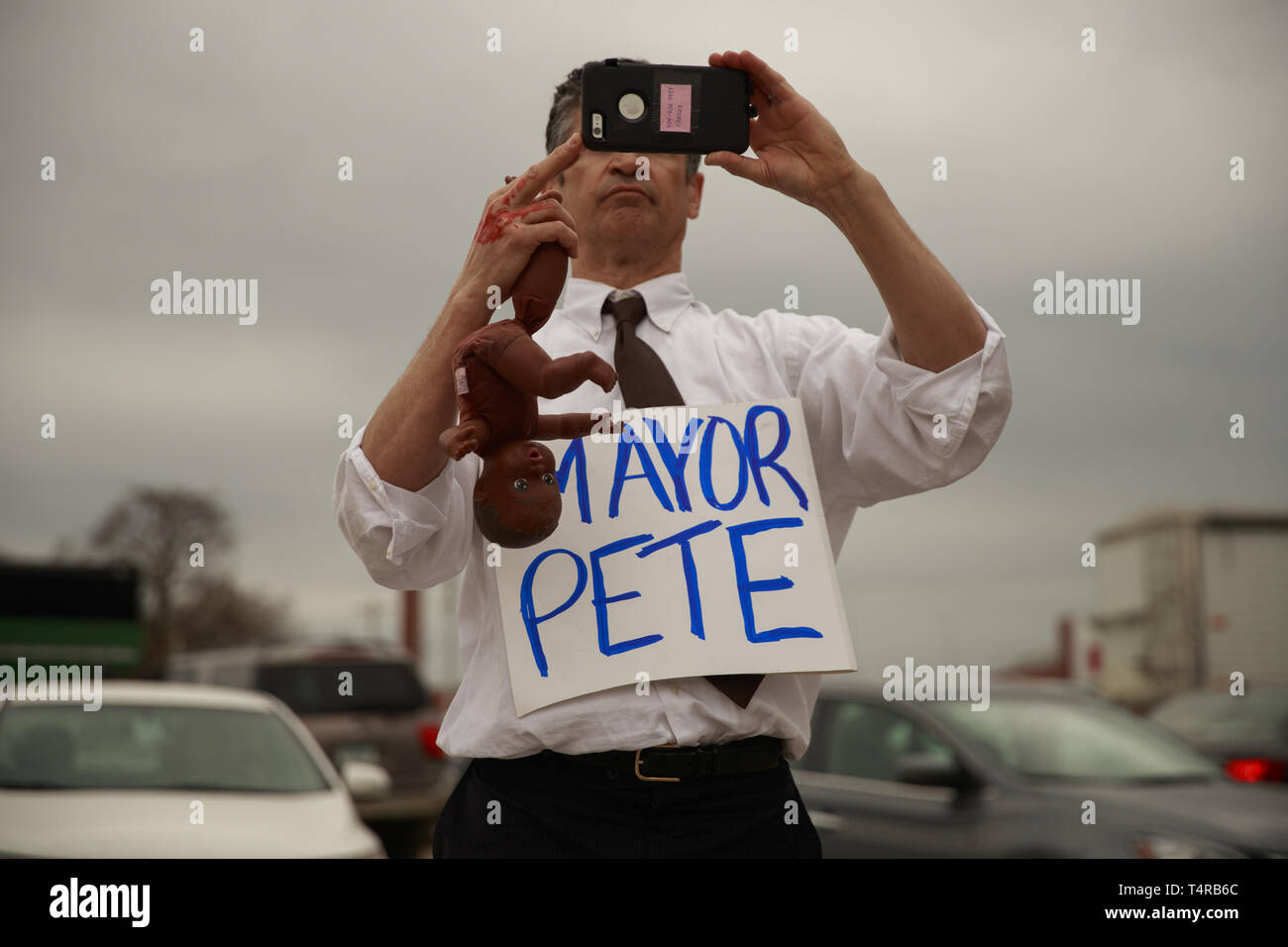 Des Moines, Iowa, USA. 17th Apr, 2019. Demonstrator seen dressed as ...