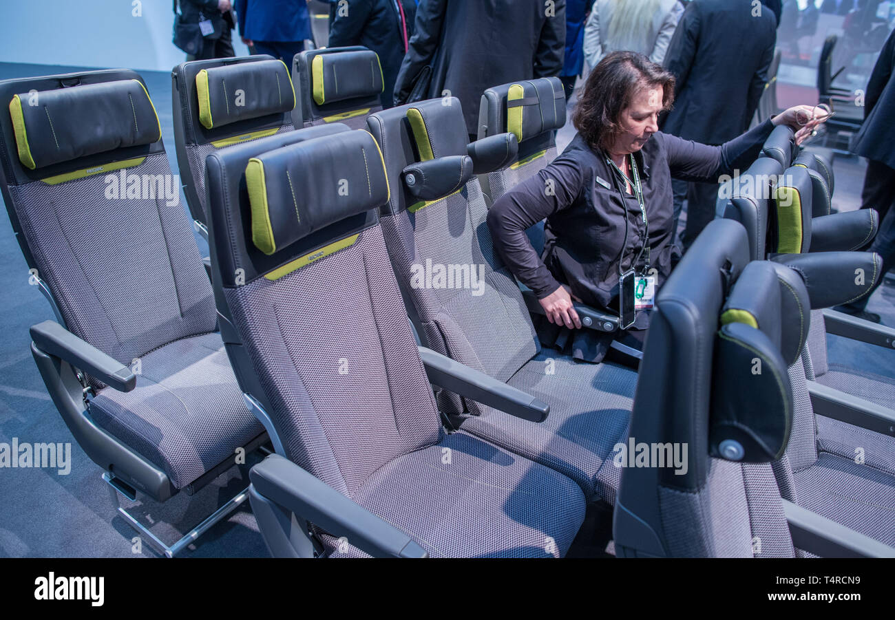 Hamburg, Germany. 03rd Apr, 2019. The booth of the aircraft seat ...