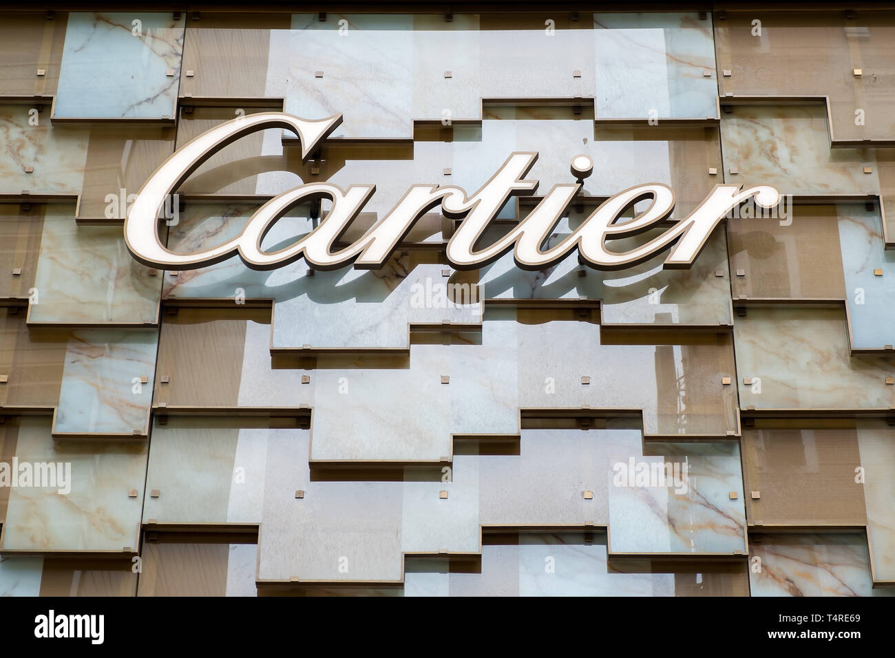 April 9, 2019 - Hong Kong, China - Cartier brand logo seen in Tsim Sha ...