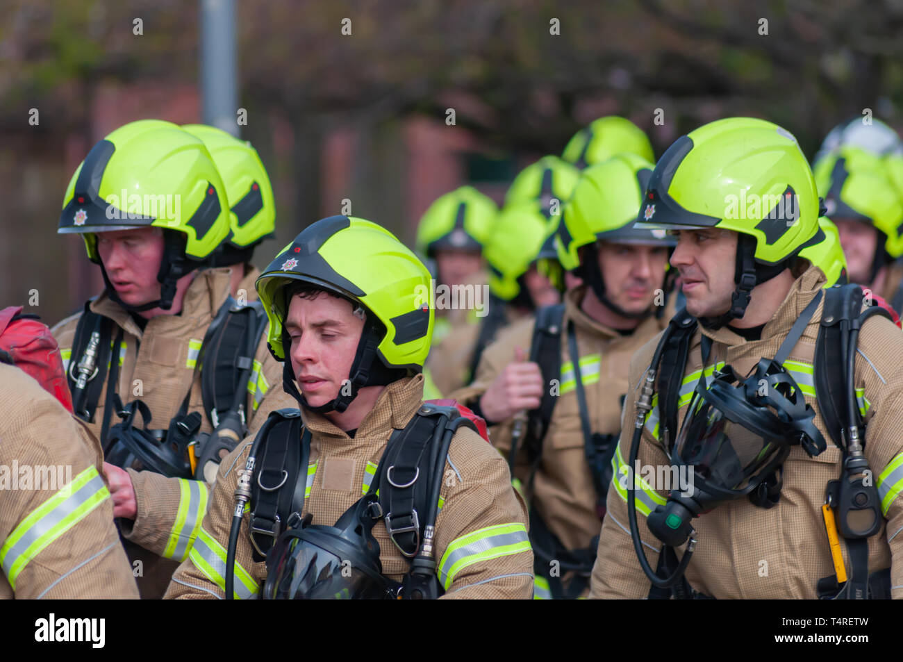 Glasgow, Scotland, UK. 18th April, 2019. Sixty trainee firefighters ...