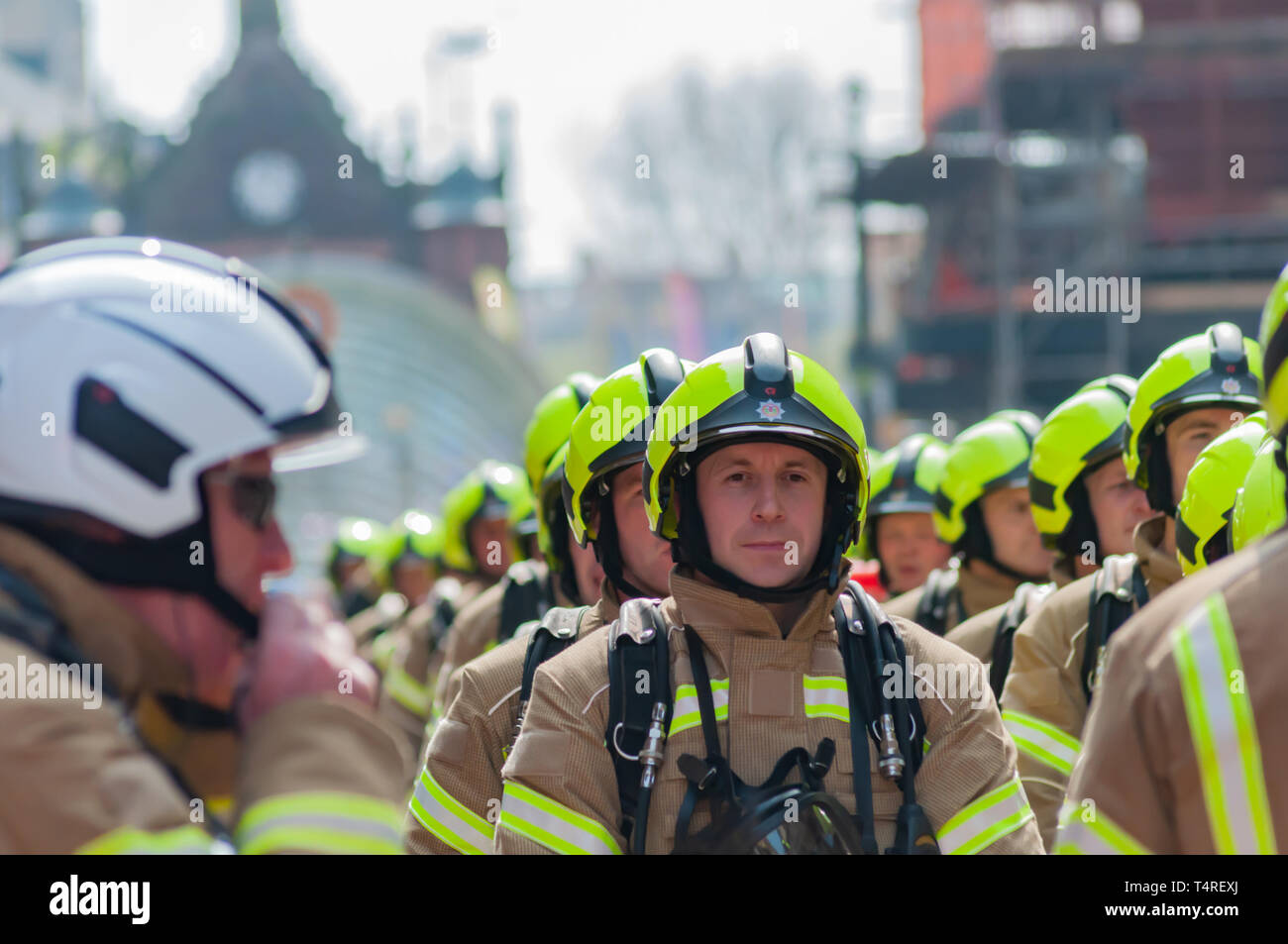 Glasgow, Scotland, UK. 18th April, 2019. Sixty trainee firefighters ...