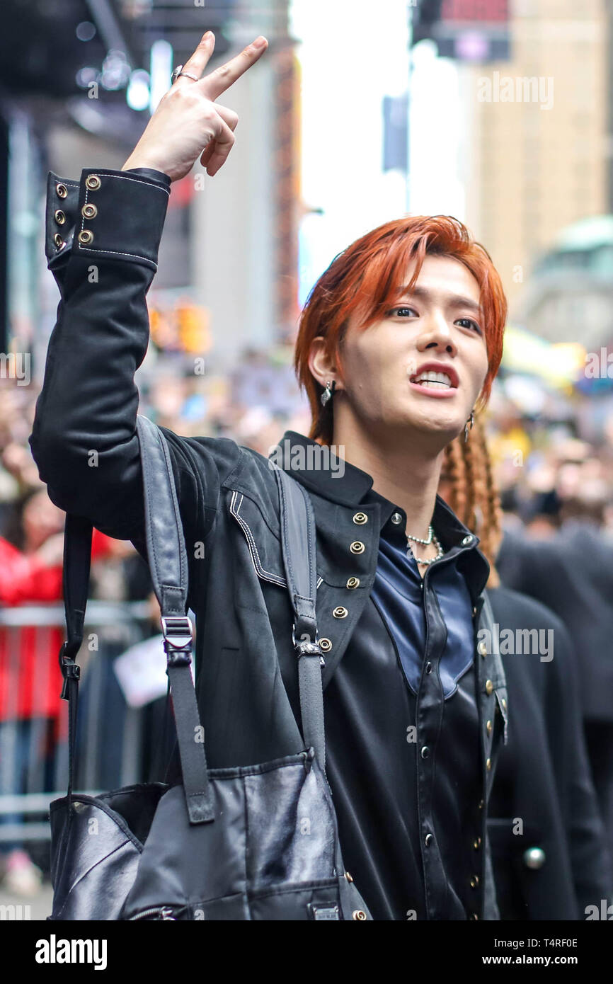 New York, USA. 18th Apr 2019. Members of the South Korean band NCT 127 ...