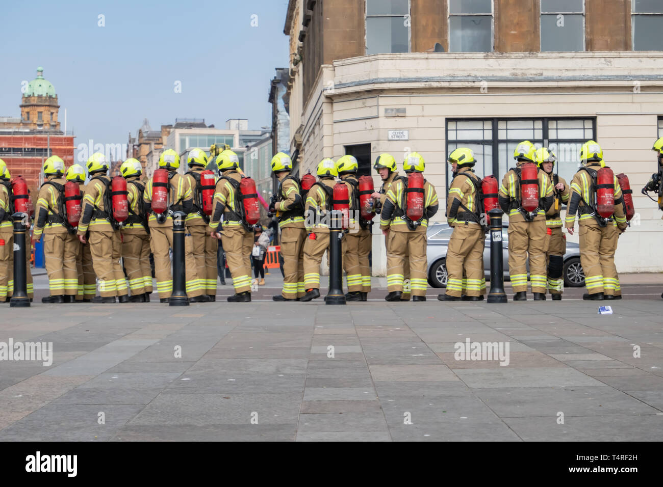 Glasgow, Scotland, UK. 18th April, 2019. Sixty trainee firefighters ...