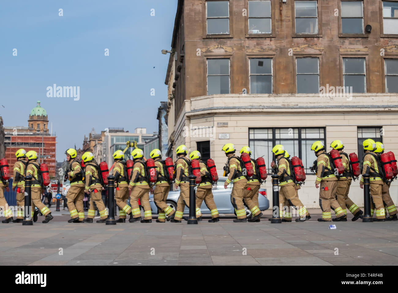 Glasgow, Scotland, UK. 18th April, 2019. Sixty trainee firefighters ...