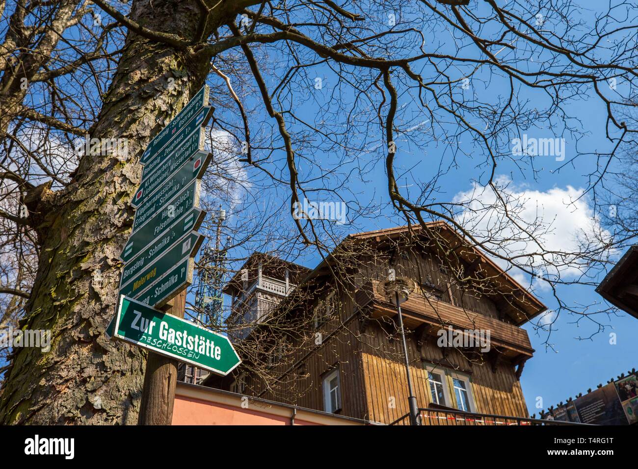 Schmilka, Germany. 18th Apr, 2019. A hiking sign indicates that the ...