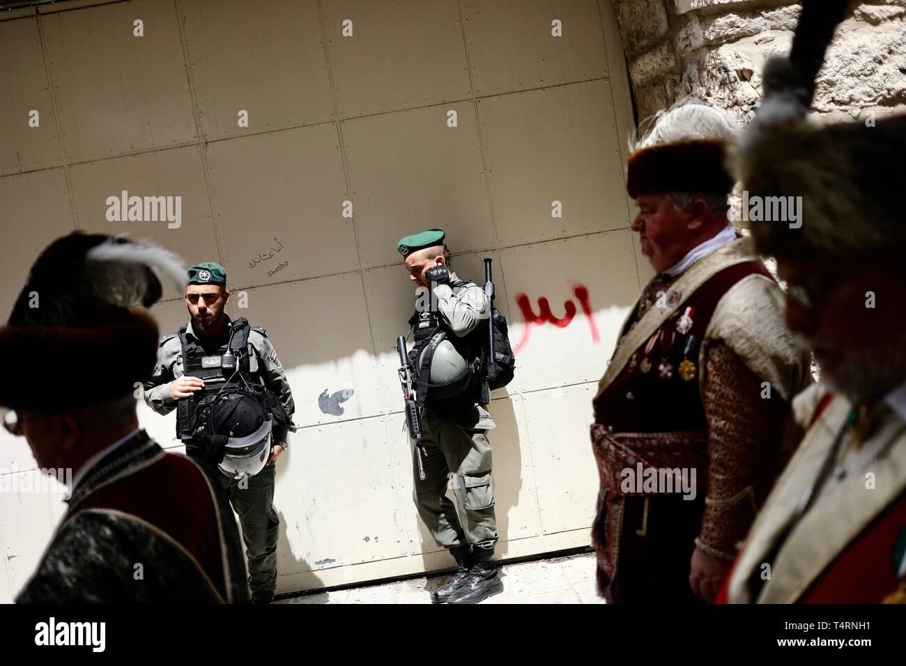 Jerusalem. 19th Apr, 2019. Two Israeli soldiers stand near the Good ...