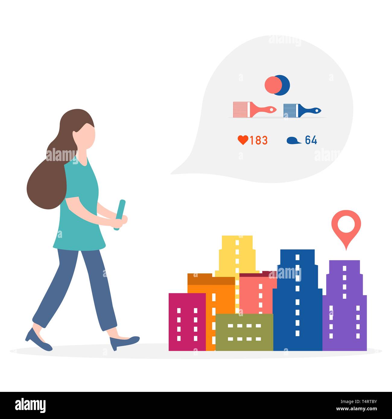 Application of augmented reality: AR for navigation in city. Girl with ...